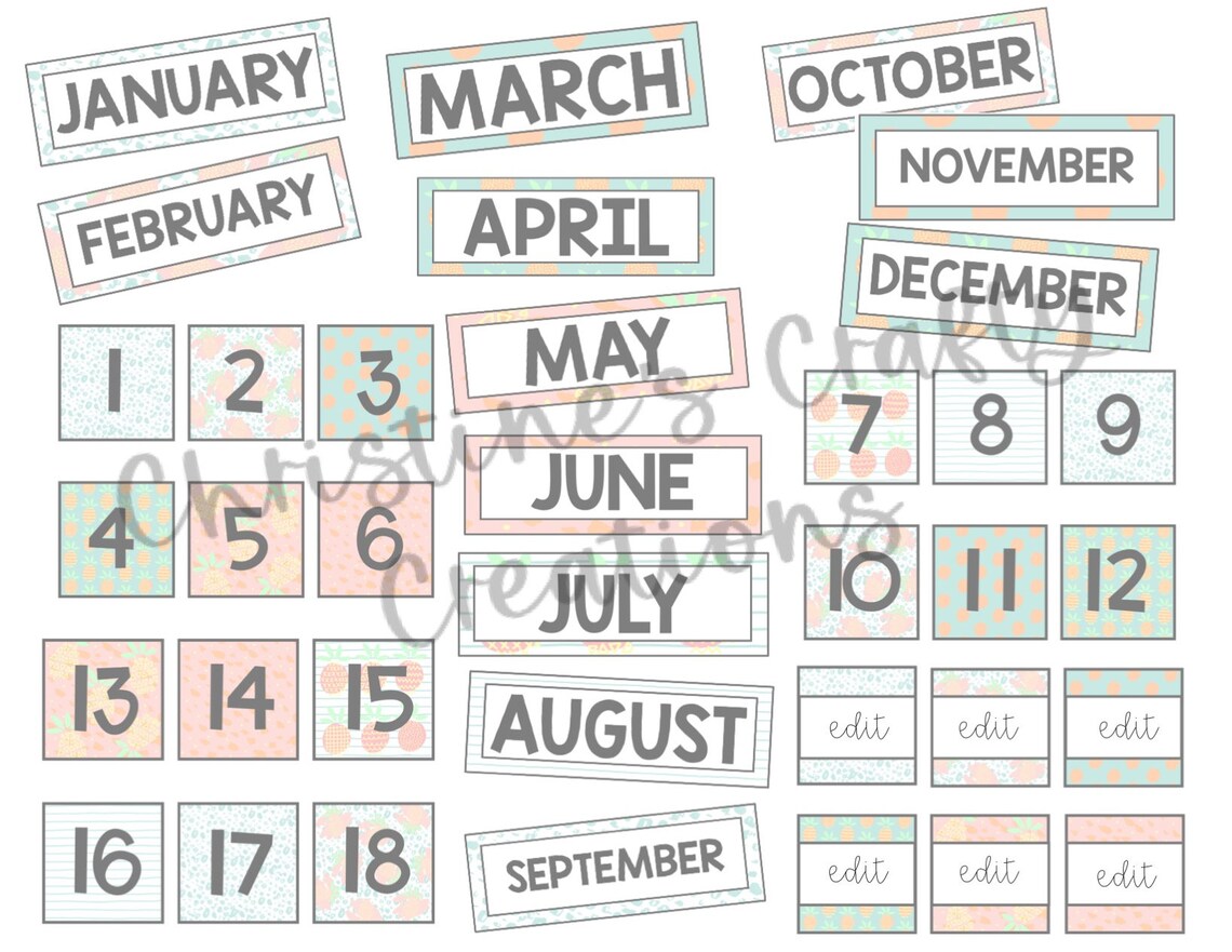Pineapple Calendar Labels L Editable - Etsy