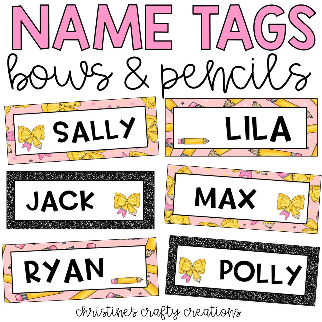 Coquette Bows and Pencils Name Tags L Editable - Etsy