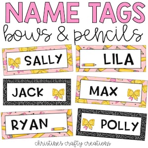 Coquette Bows and Pencils Name Tags L Editable - Etsy
