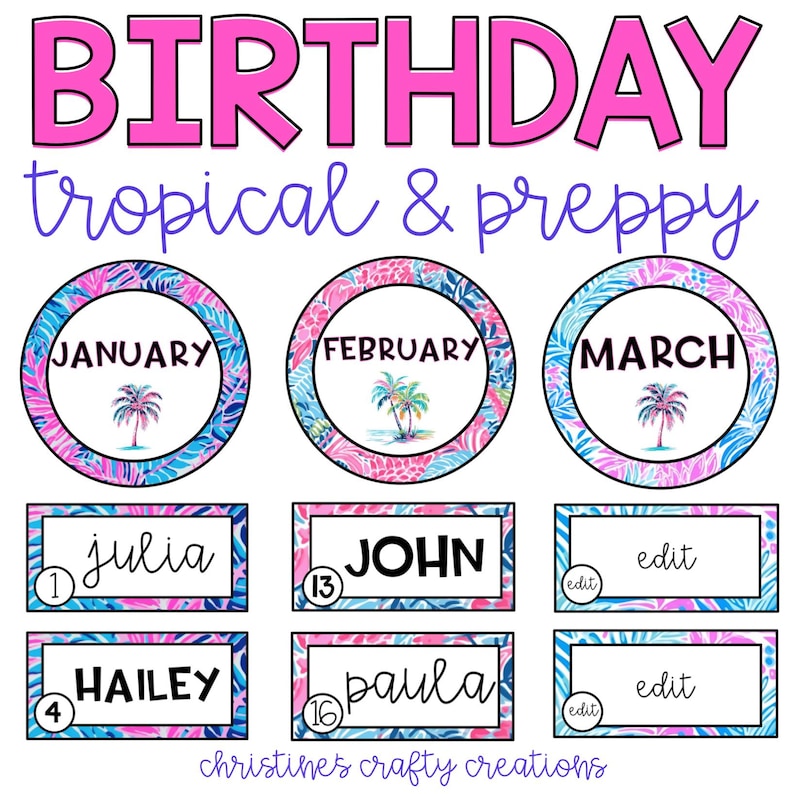 Preppy and Tropical Birthday Chart L Editable - Etsy