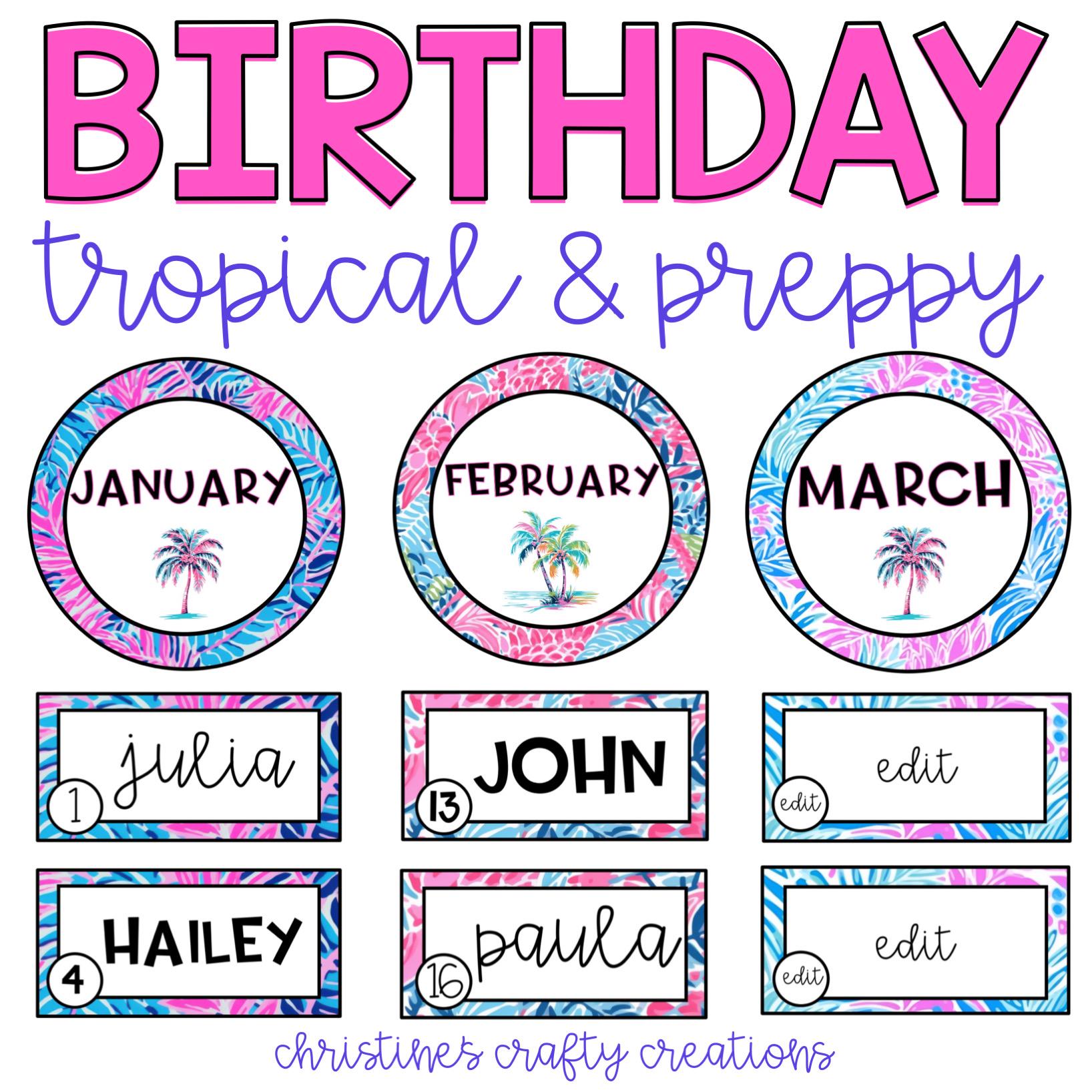 Preppy and Tropical Birthday Chart L Editable - Etsy