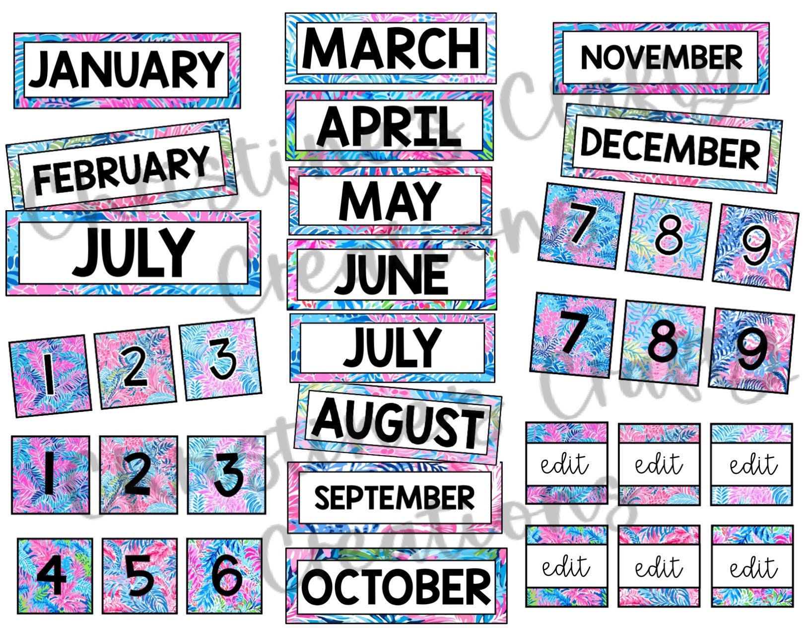 Preppy and Tropical Calendar Labels L Editable - Etsy