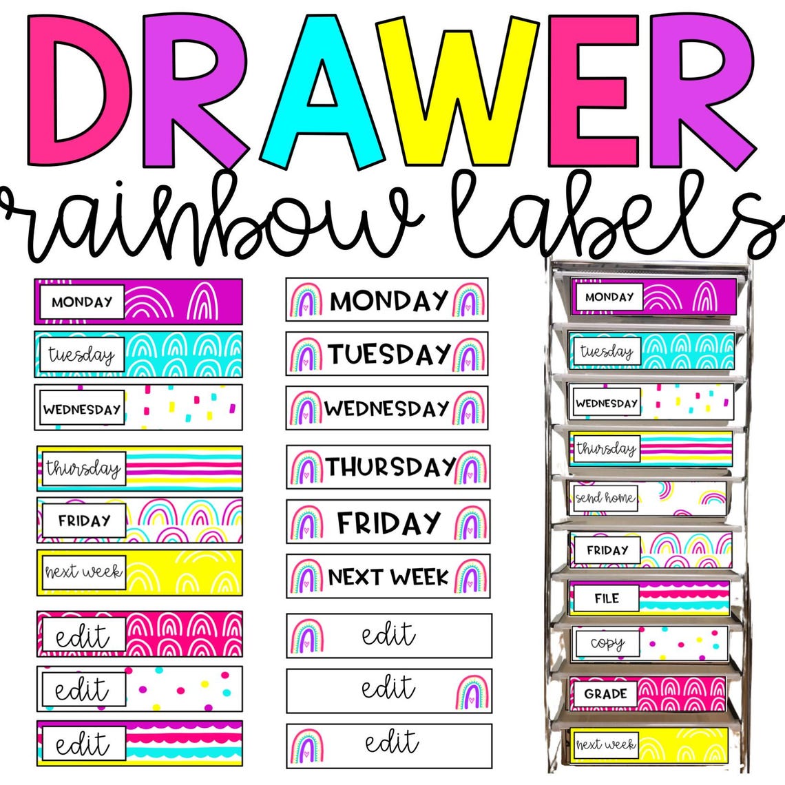 Bright Rainbow Boho 10 Drawer Labels L Editable - Etsy