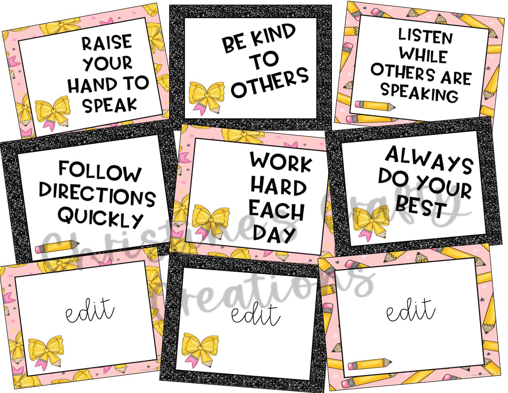 Coquette Bows and Pencils Rules Posters L Editable - Etsy