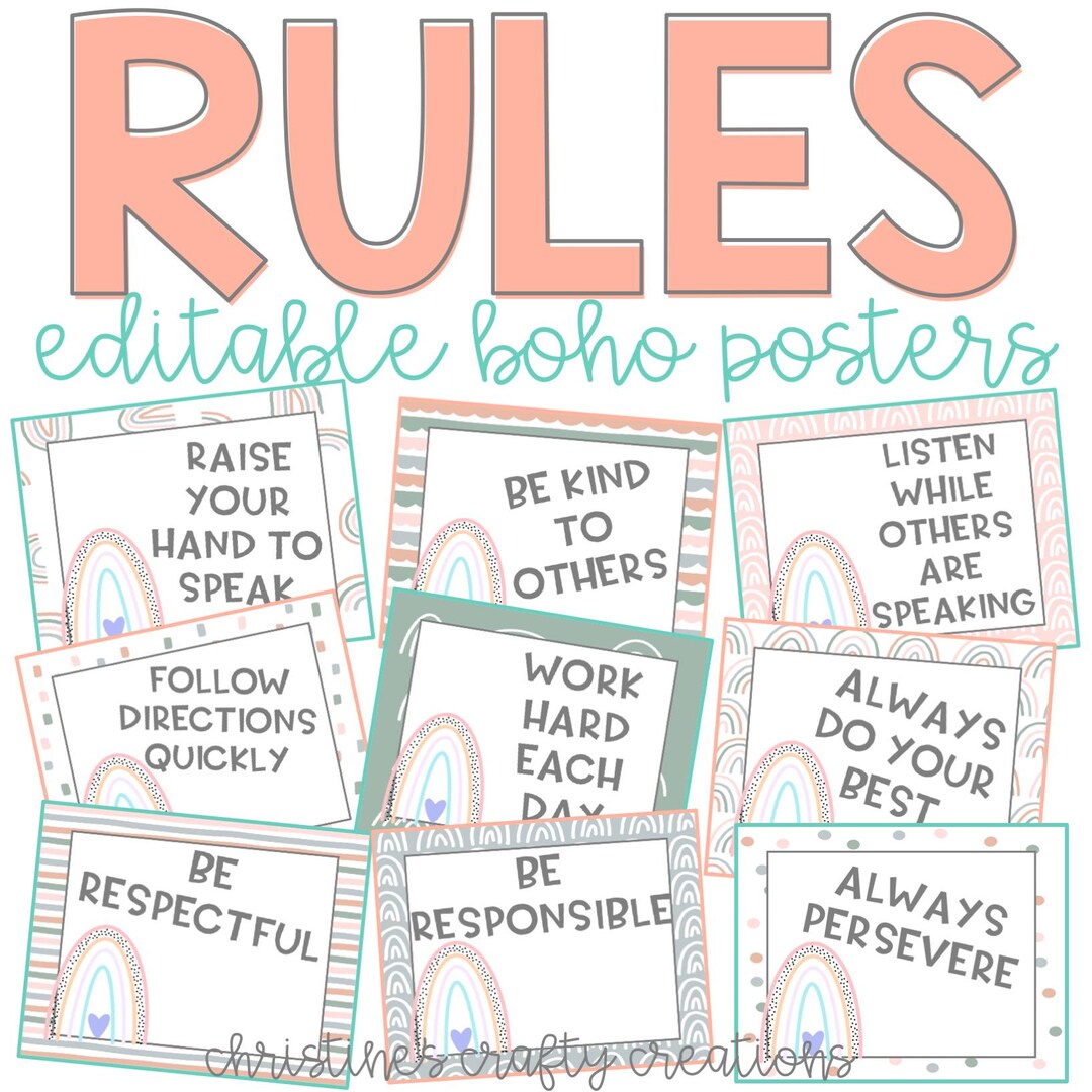 BOHO Classroom Rules Posters L Editable - Etsy