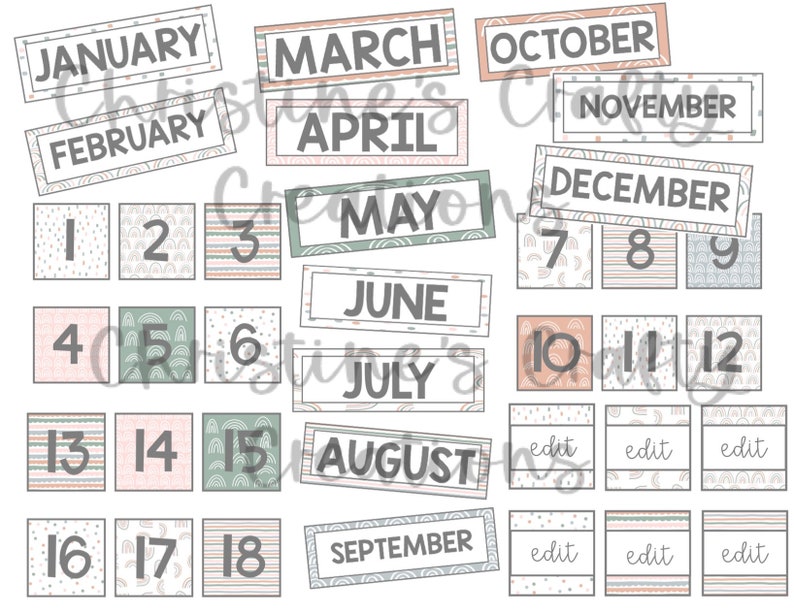 BOHO Calendar Labels L Editable - Etsy