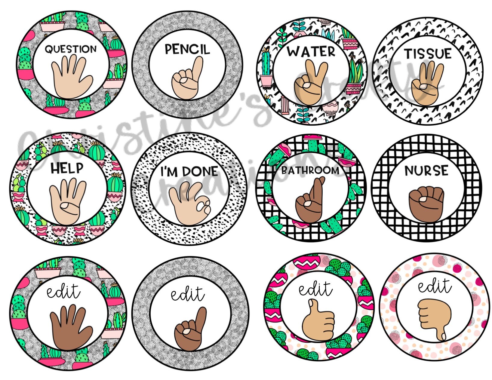 Cactus Hand Signals L Multicultural and Editable - Etsy