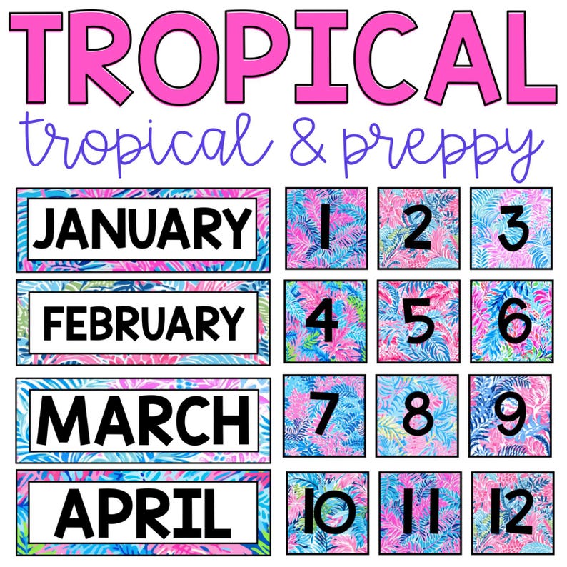 Preppy and Tropical Calendar Labels L Editable - Etsy