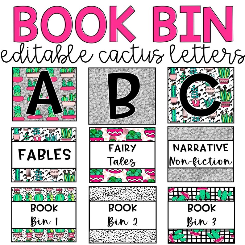 Cactus Book Bin Labels L Editable - Etsy