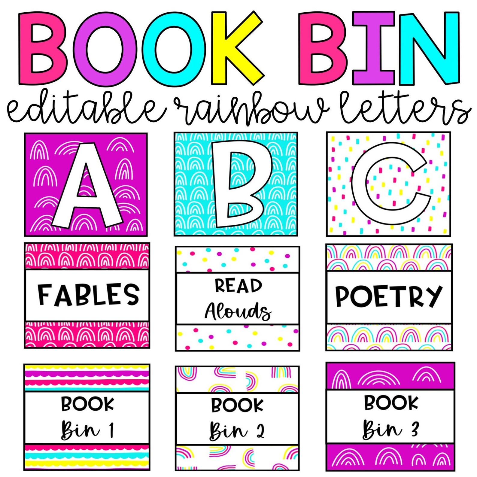Bright Rainbow Boho Book Bin Labels L Editable - Etsy