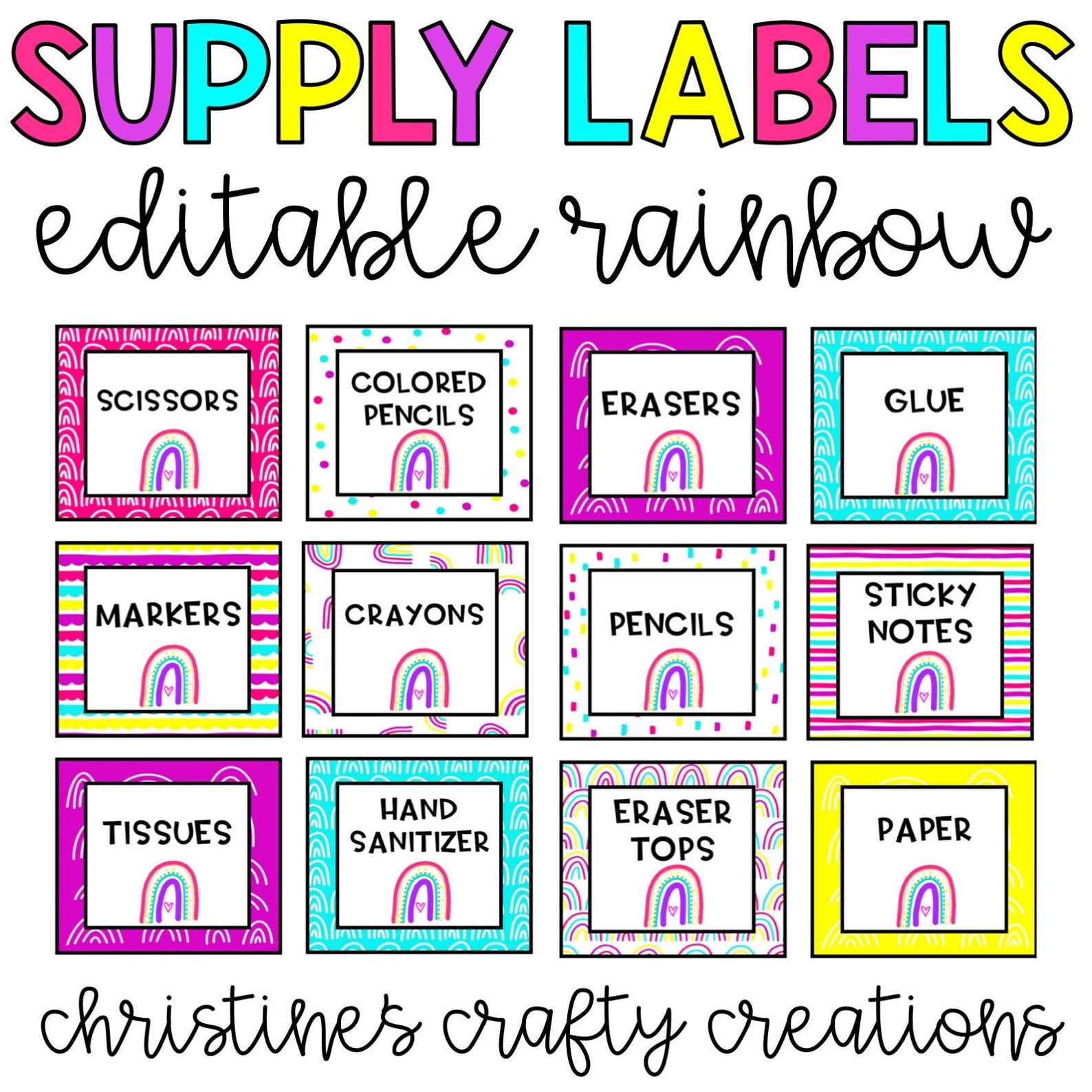 Bright Rainbow Boho Supply Labels L Editable - Etsy