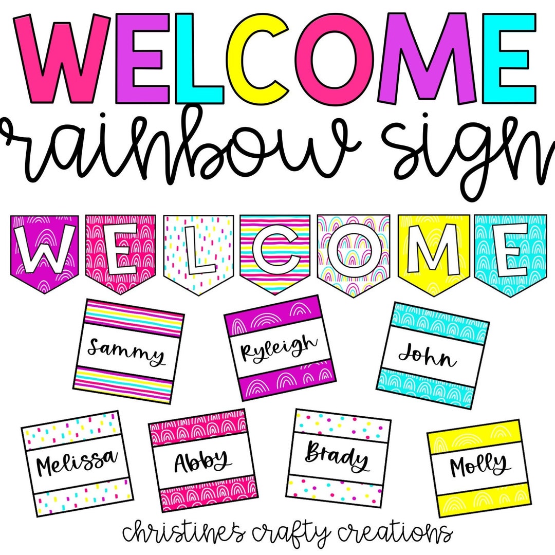 Bright Rainbow Boho Welcome Sign L Editable Door Name Labels L Bulletin ...