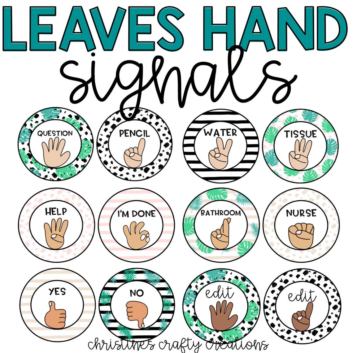 Tropical Leaves Hand Signals L Multicultural and Editable - Etsy