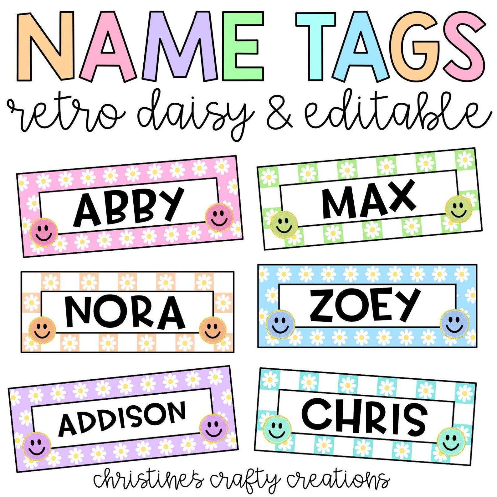 Retro Daisy Name Tags L Editable - Etsy