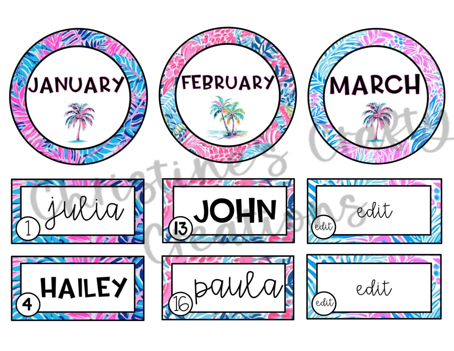 Preppy and Tropical Birthday Chart L Editable - Etsy