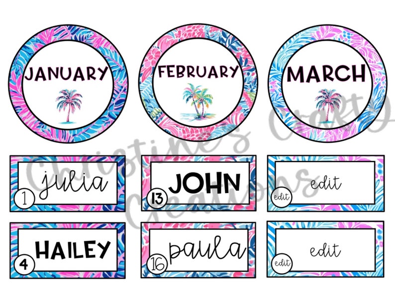 Preppy and Tropical Birthday Chart L Editable - Etsy
