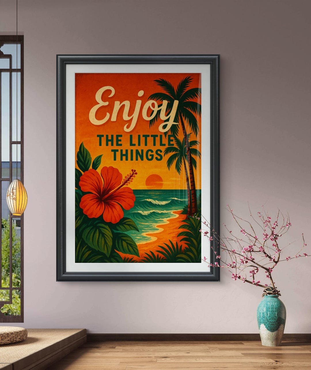 Tropical Sunset Beach Digital Print Wall Art | Vintage Hibiscus Flower ...