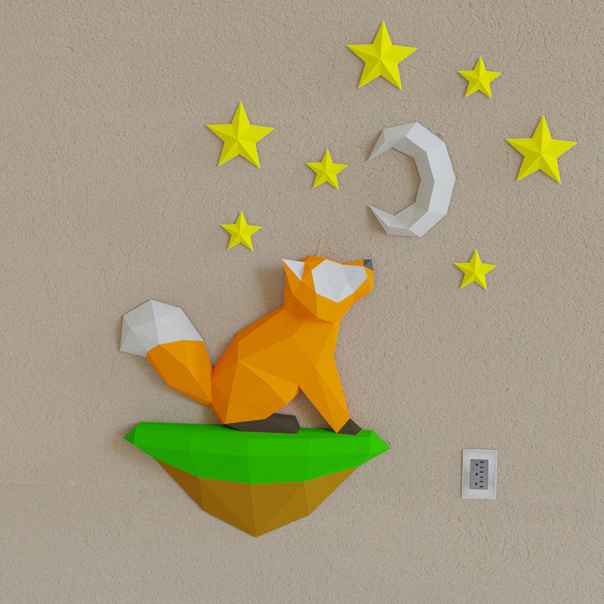 Fox Moon and Stars Papercrafts, Pdf Diy Templates, 3d Sculpture, Craft ...