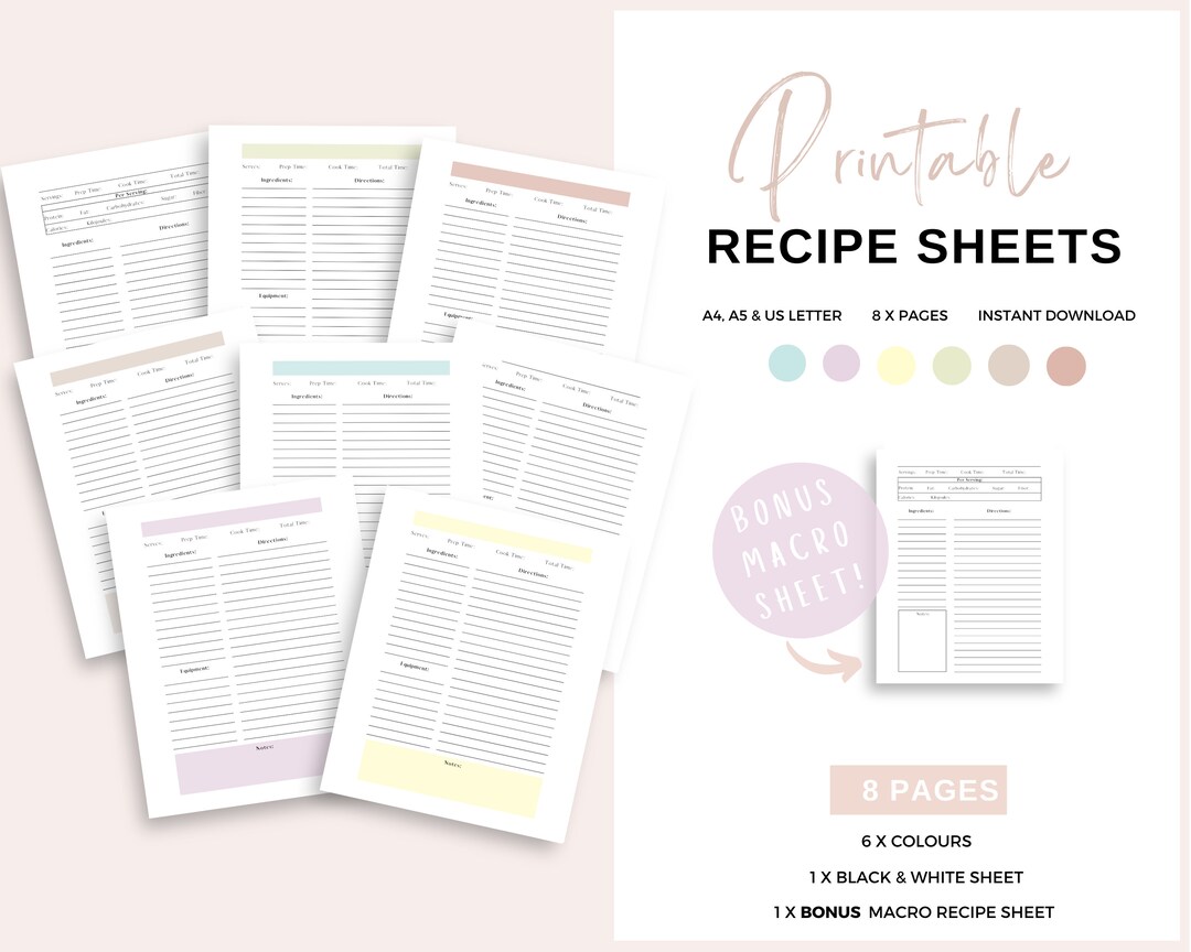 Recipe Book Template and Printable Recipe Sheets, Recipe Binder Kit ...