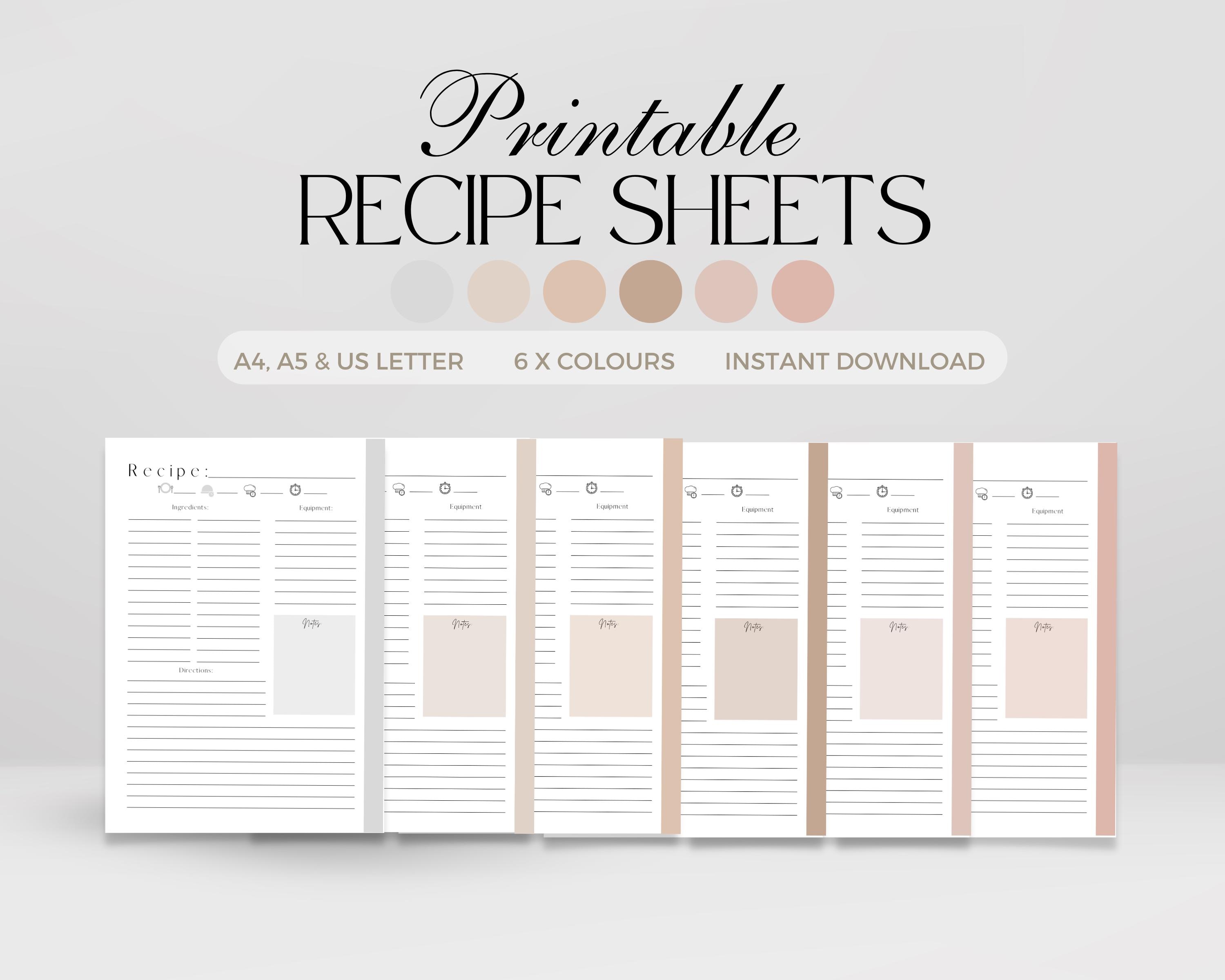 Printable Blank Recipe Sheet, Recipe Cards, Recipe Pages, Recipe Sheet ...