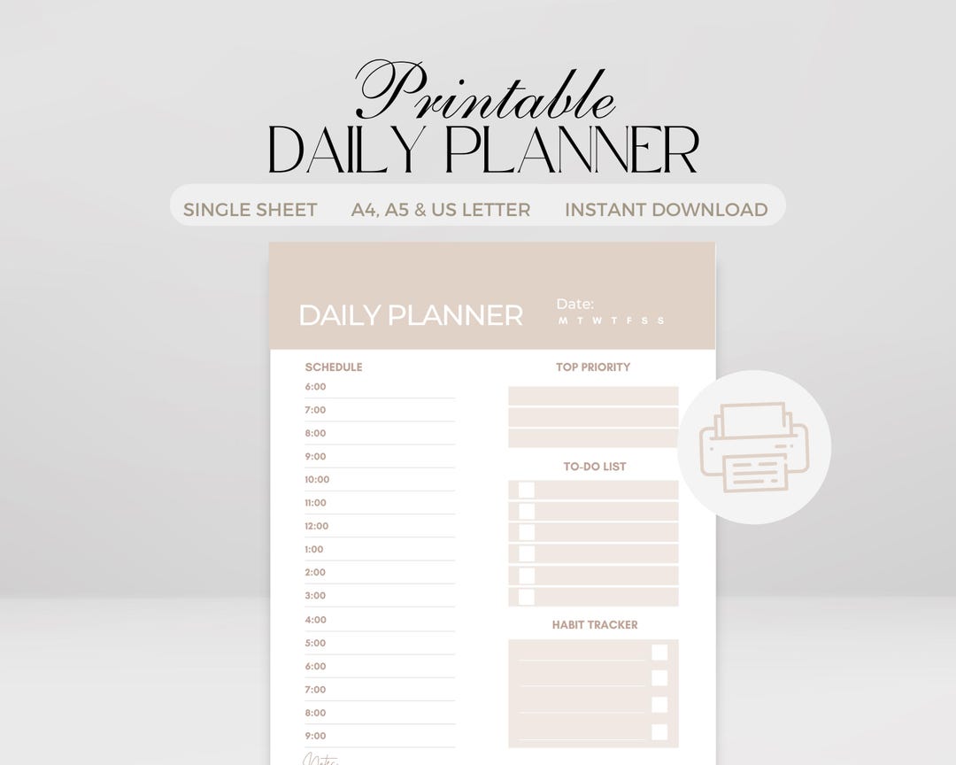Daily Printable Planner: Hourly Schedule, Habit Tracker (A4, A5, US ...