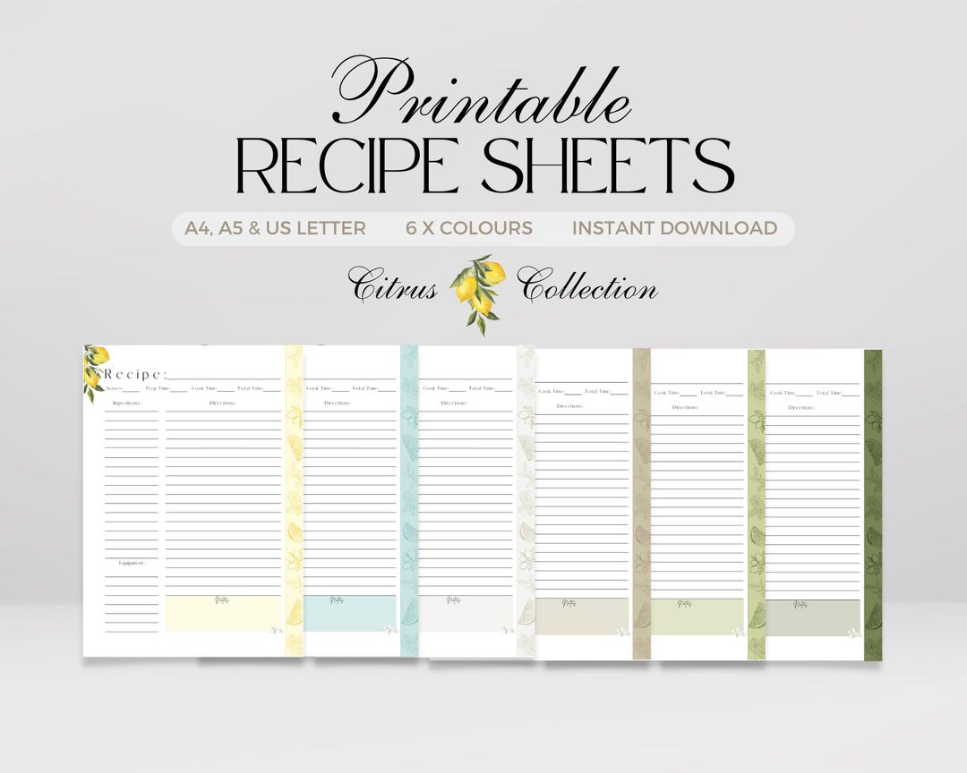 Printable Recipe Sheet Template: Colorful Recipe Pages (A4, A5, US ...