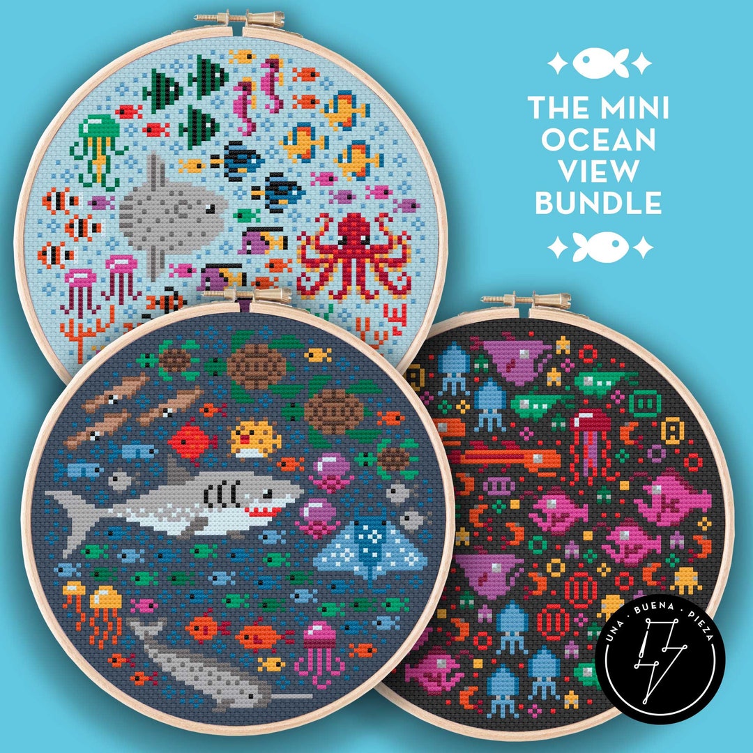 Set of 3 Sea Life Cross Stitch Patterns, Ocean Animals Cross Stitch ...