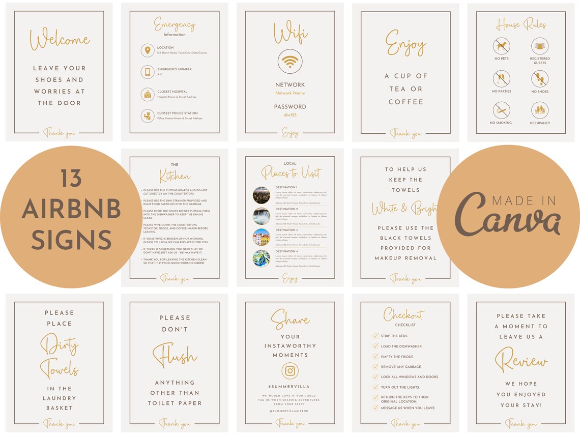 13 Airbnb Signs, Air Bnb Posters, Bundle, Editable Template, Canva ...