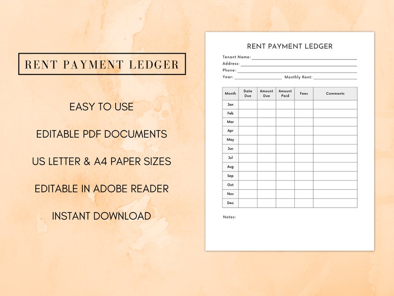 Rent Payment Ledger, Printable Rent Payment Tracker, Rental Payment Log ...