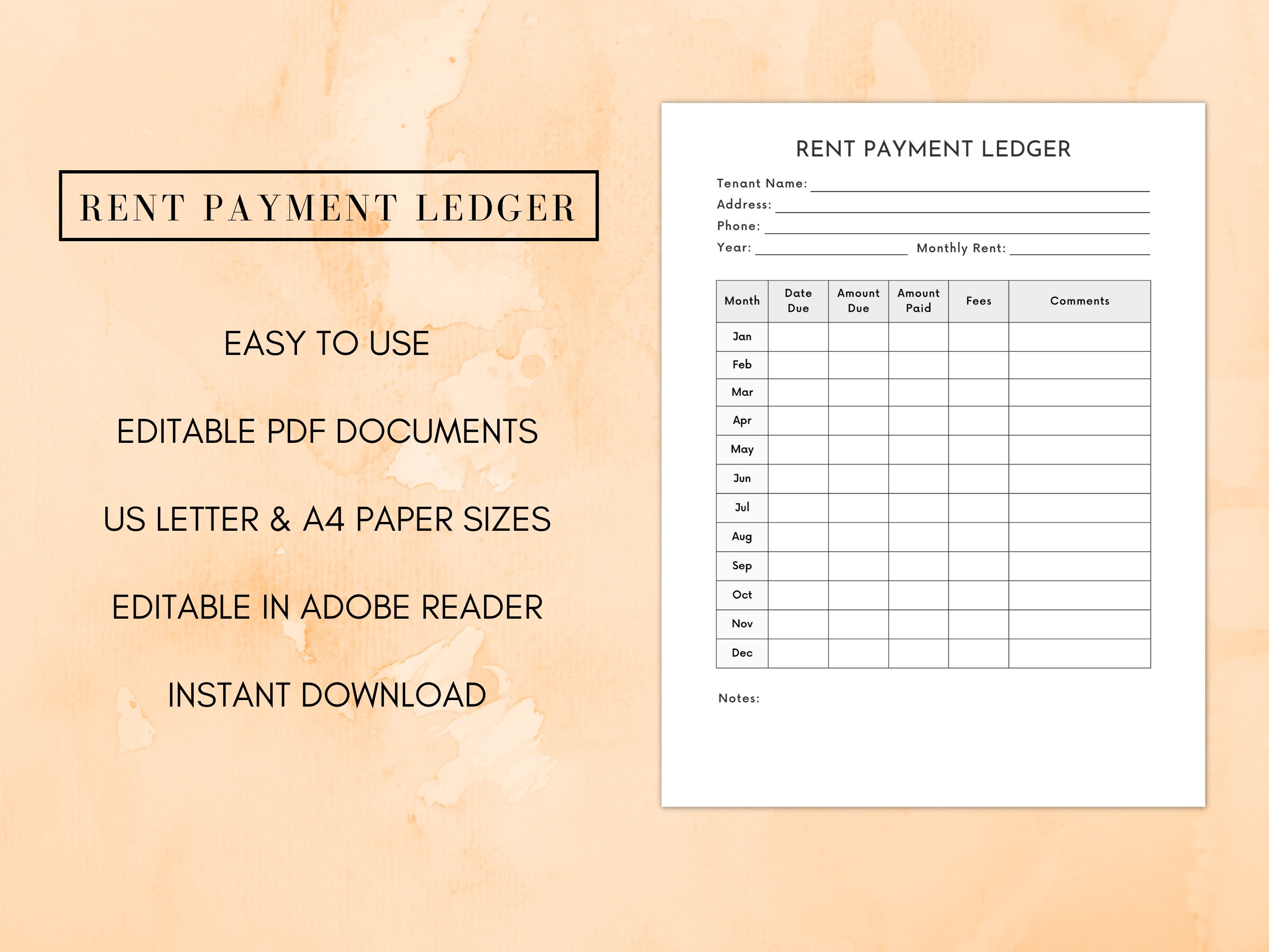 Rent Payment Ledger, Printable Rent Payment Tracker, Rental Payment Log ...