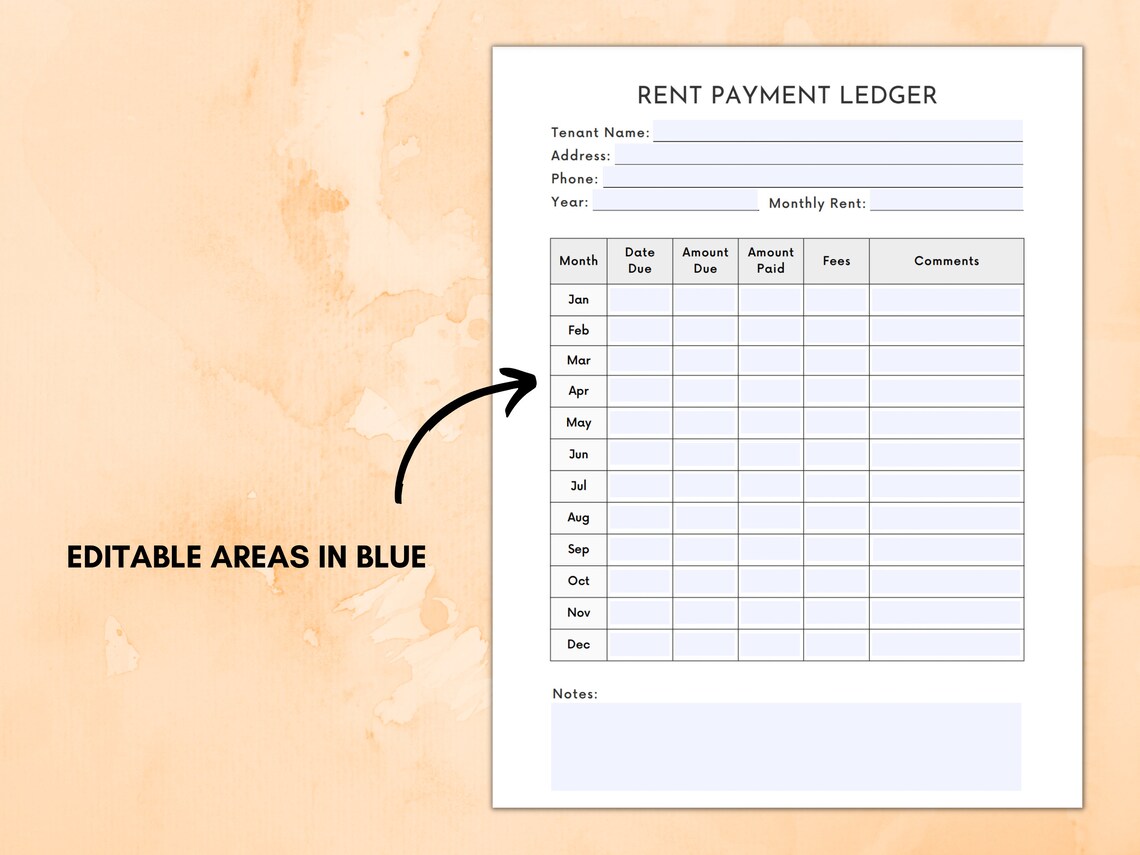 Rent Payment Ledger, Printable Rent Payment Tracker, Rental Payment Log ...