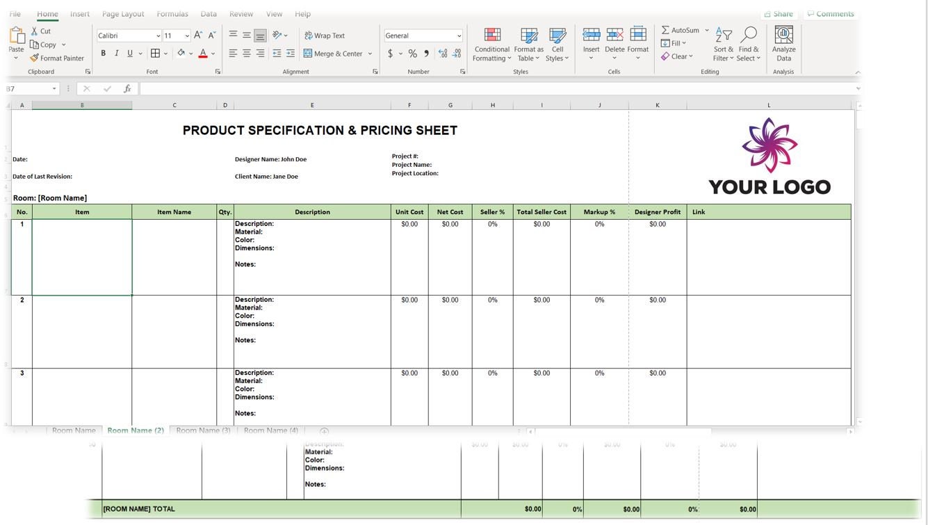 Product Specification & Pricing Sheet | Interior Design | Pricing ...