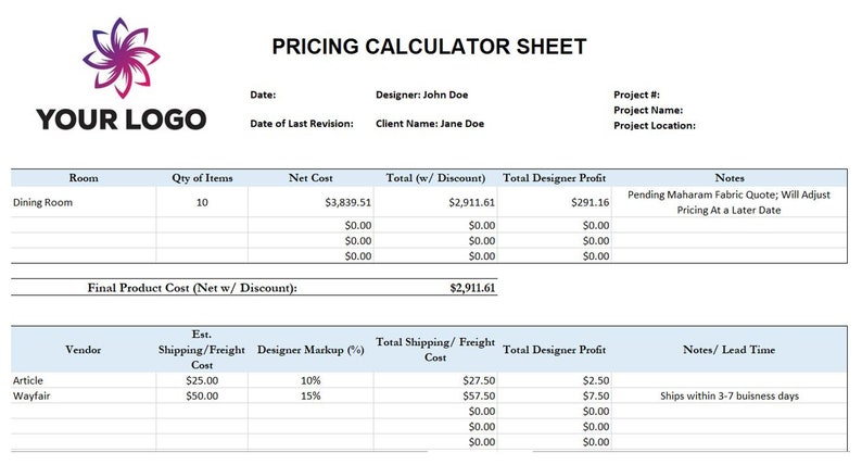 Product Specification & Pricing Sheet | Interior Design | Pricing ...