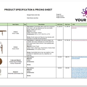 Product Specification & Pricing Sheet | Interior Design | Pricing ...