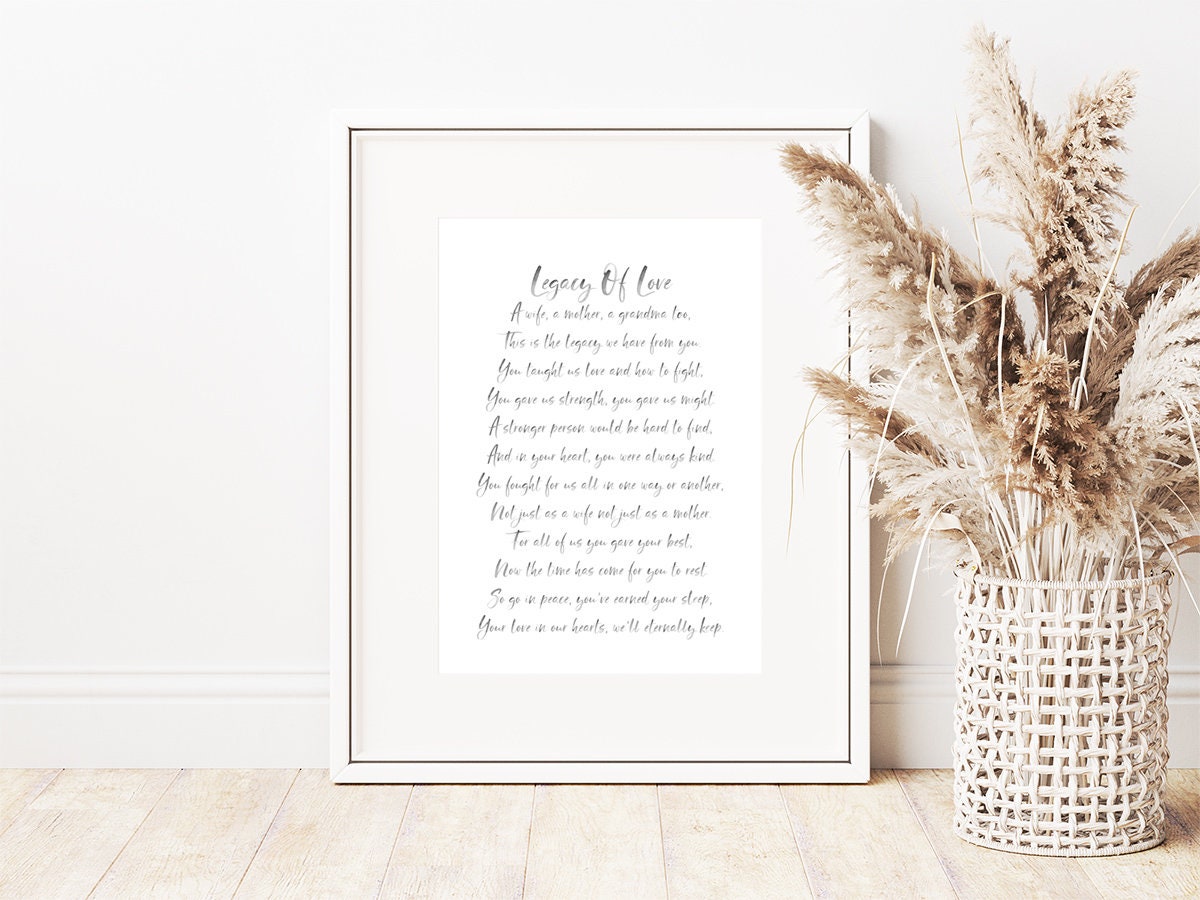 Legacy of Love Poem WATERCOLOUR Font Mother Funeral Printable Poem ...