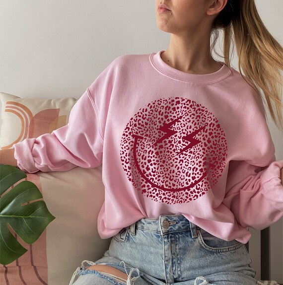 Leopard Print Happy Face Trendy Sweatshirt Trendy Hoodie Happy | Etsy