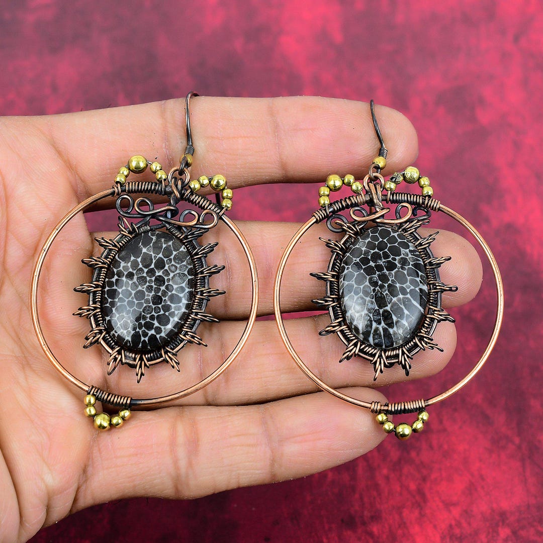 Stingray Coral Earring Copper Wire Wrapped Earring Genuine Gemstone ...