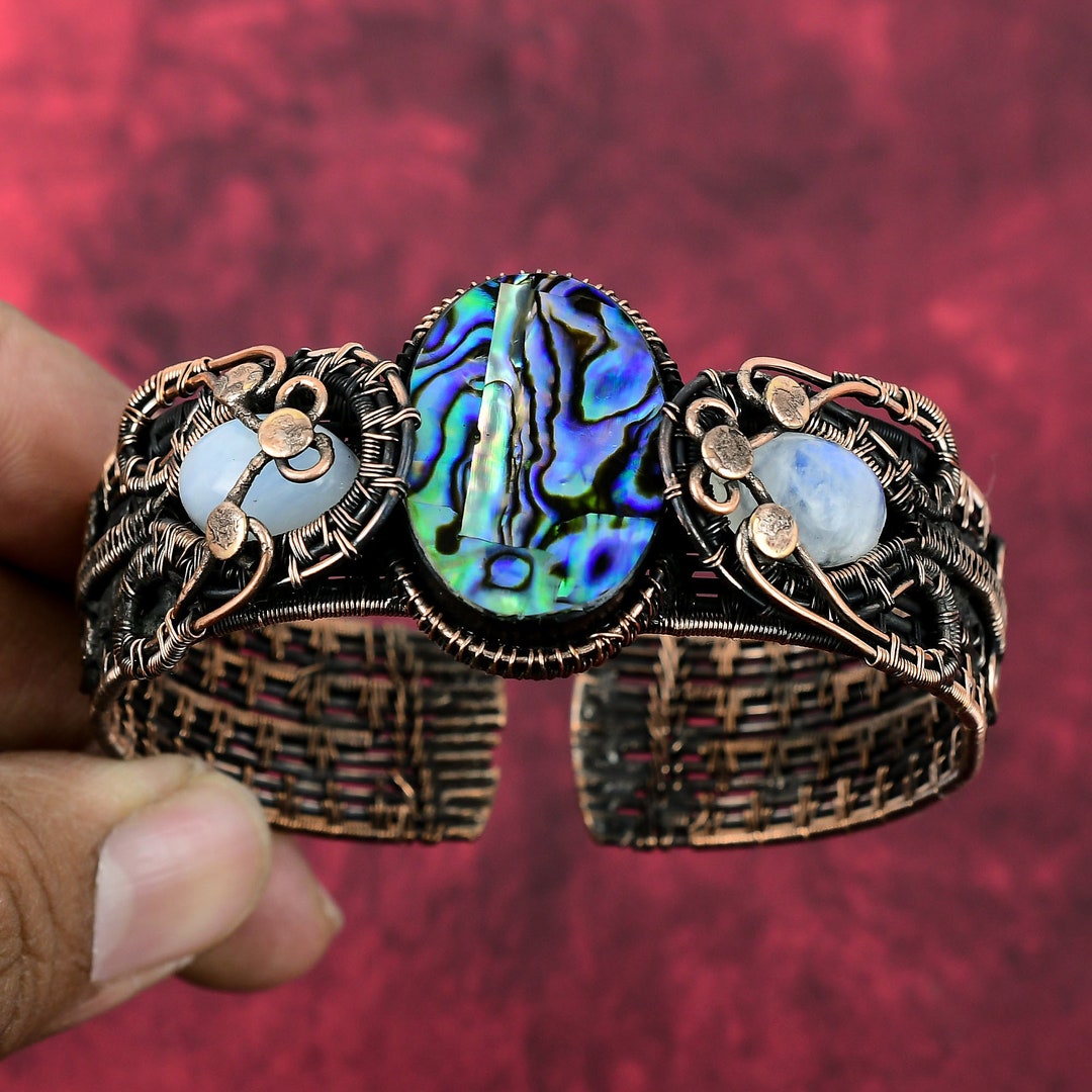 Abalone Shell Cuff Bracelet: Copper Wire Wrapped Rainbow Moonstone ...