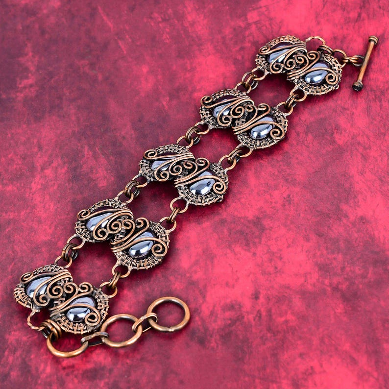 Handmade Copper Wire Wrapped Shungite Bracelet - Adjustable Gemstone ...