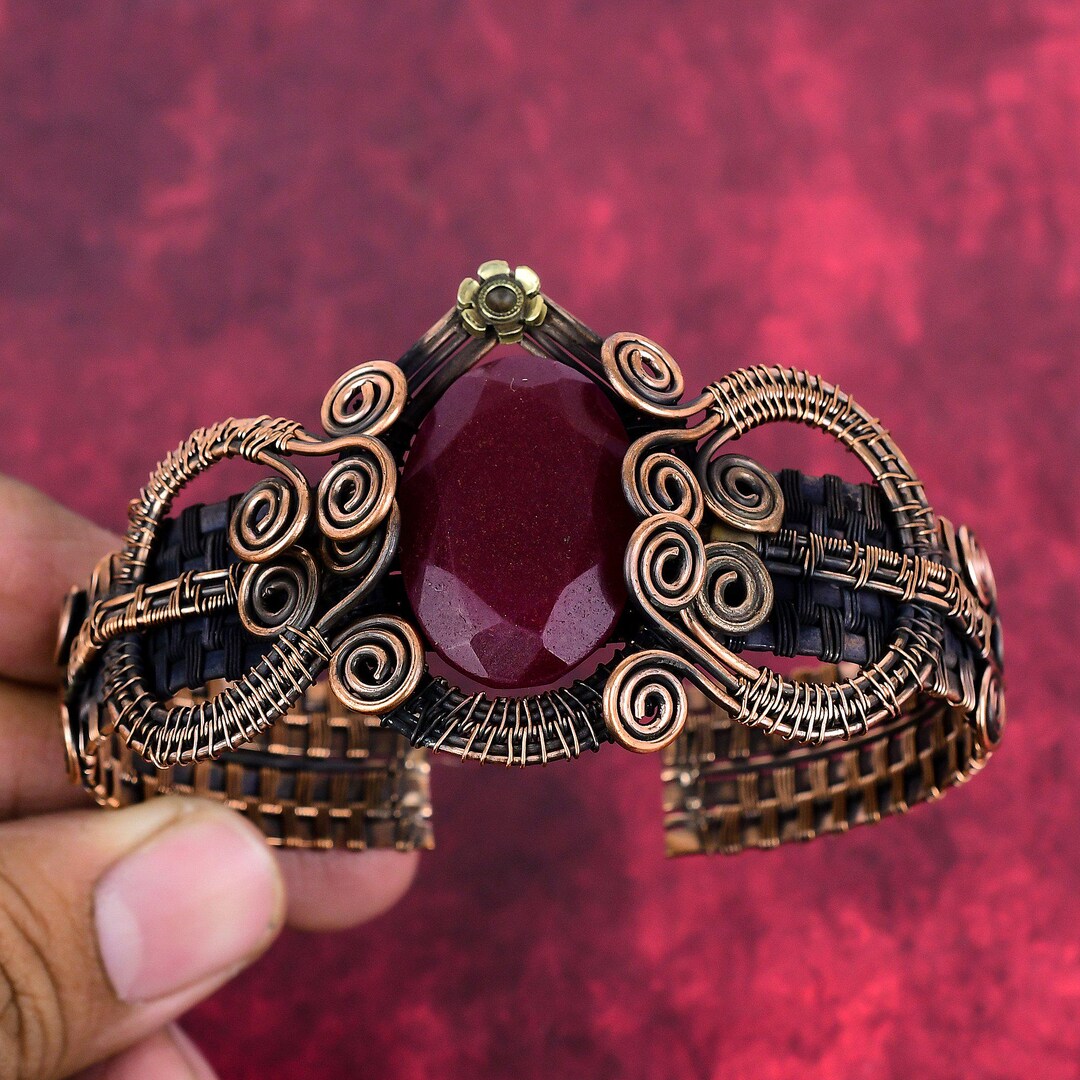 Faceted Kashmir Ruby Bangle Copper Wire Wrapped Jewelry Adjustable Cuff ...