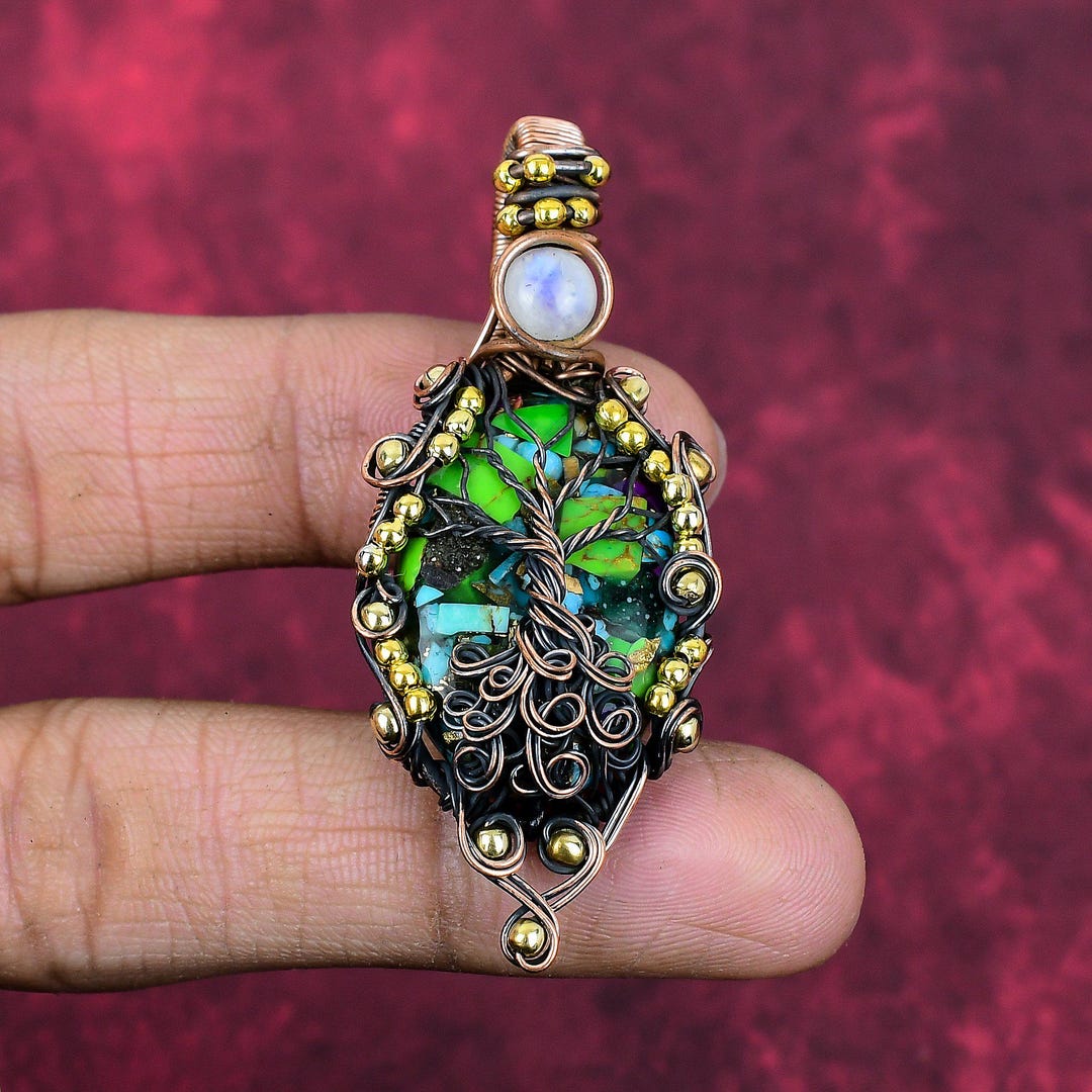 Tree of Life Fiesta Kingman Turquoise Pendant Copper Wire Wrapped ...