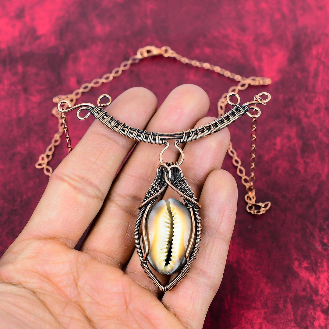 Cowrie Shell Necklace Copper Wire Wrapped Necklace Adjustable Chain ...