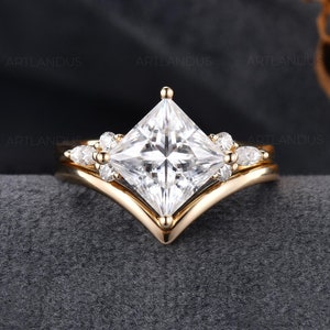 14K Yellow Gold Princess Cut Moissanite Bridal Set Unique Art Deco ...
