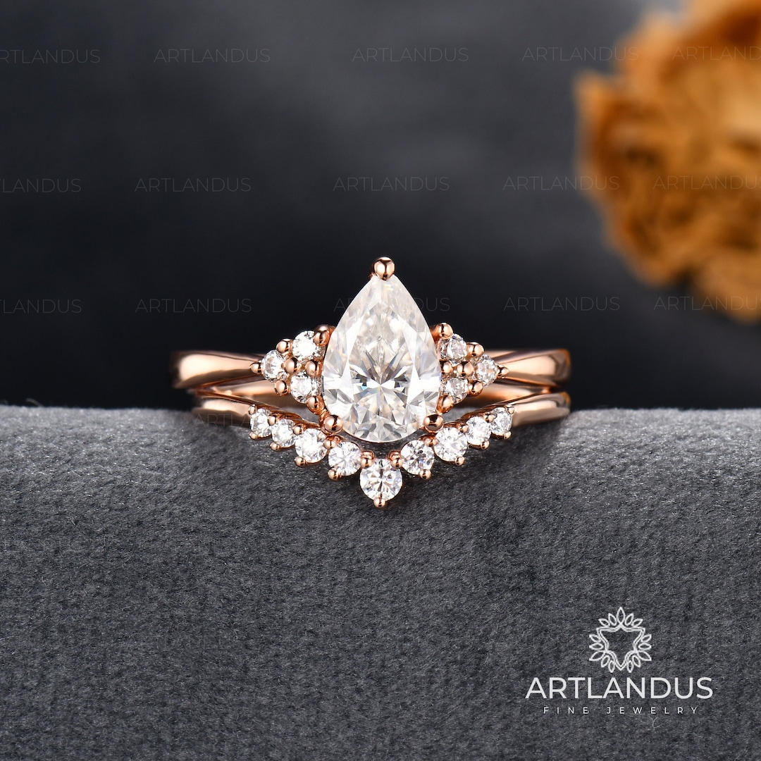 Pear Shaped Moissanite Engagement Ring Rose Gold Ring Set Woman Vintage ...