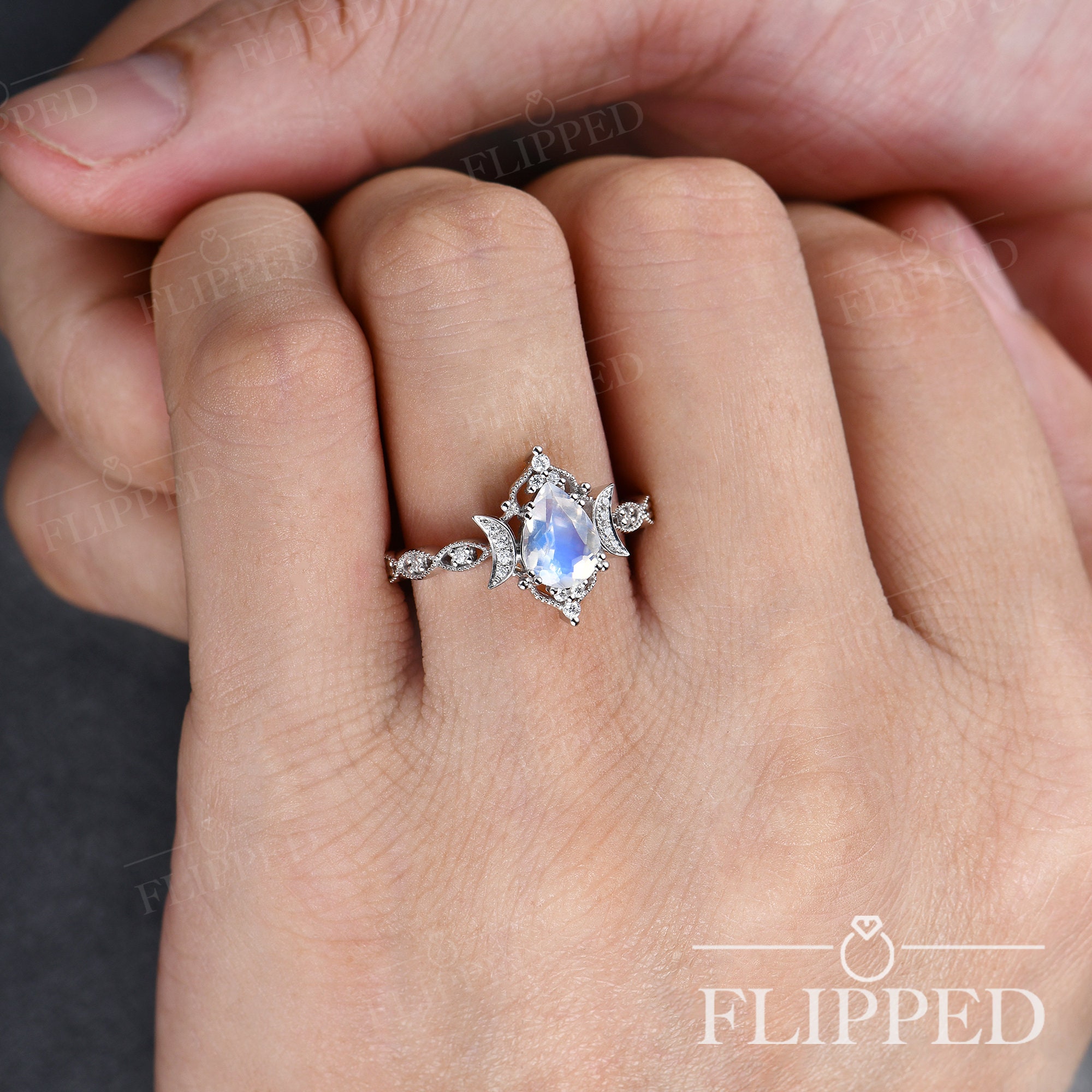 Pear Shaped Moonstone Engagement Ring White Gold Star Moon Ring Art ...