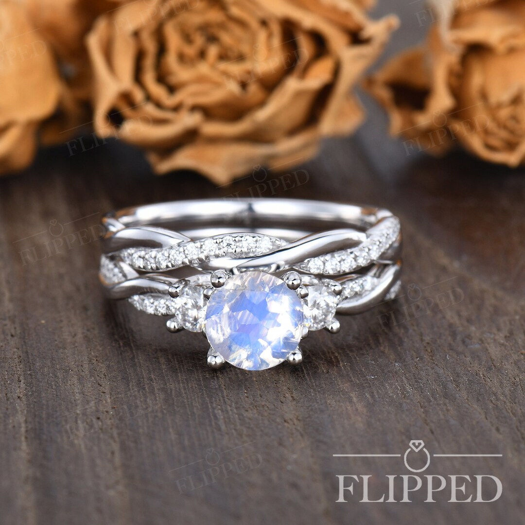 Three Stone Moonstone Engagement Ring Set 6.5mm Round Rainbow Moonstone ...