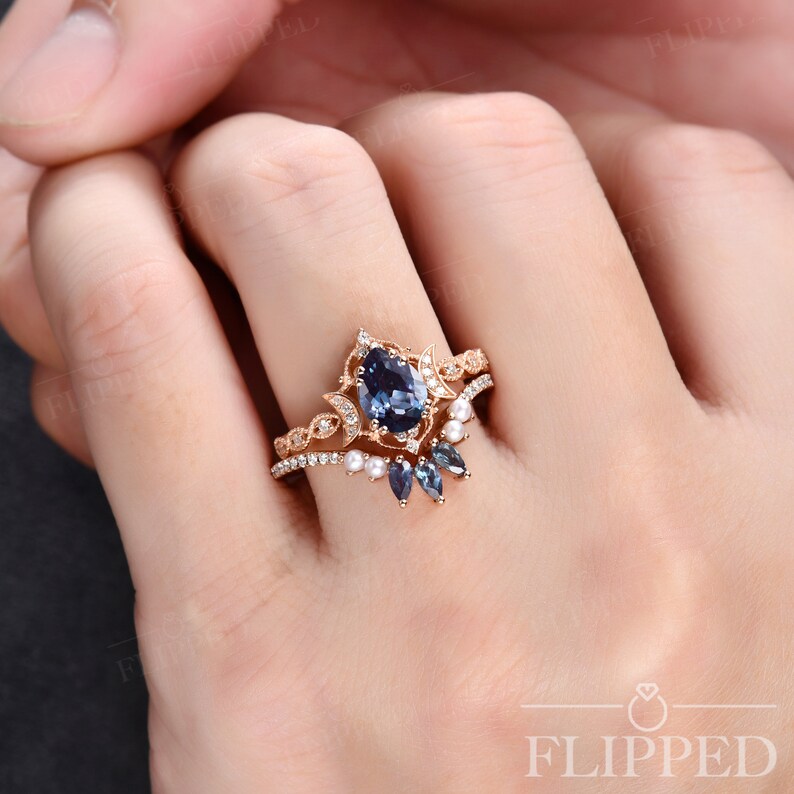 Pearl Alexandrite Engagement Ring Set 2pcs Rose Gold Pear - Etsy