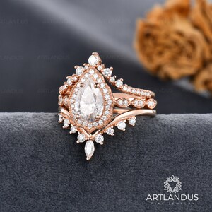 Pear Shaped Moissanite Engagement Ring Set 3pcs Rose Gold Moissanite Bridal Set Art Deco Cluster ...