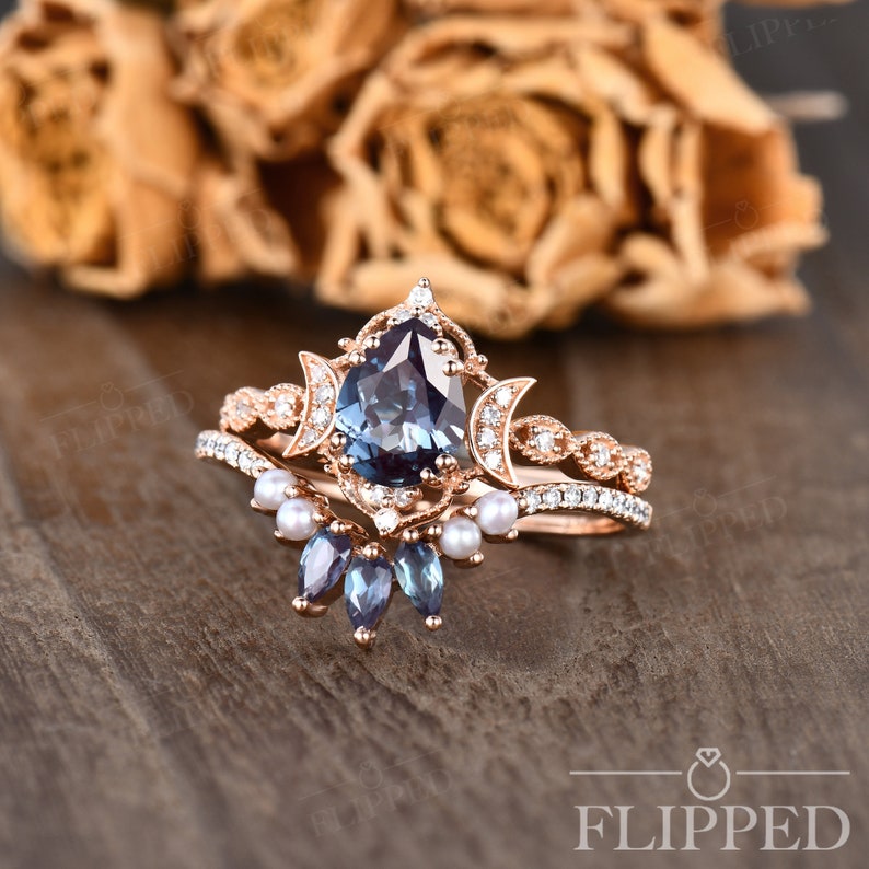 Pearl Alexandrite Engagement Ring Set 2pcs Rose Gold Pear - Etsy