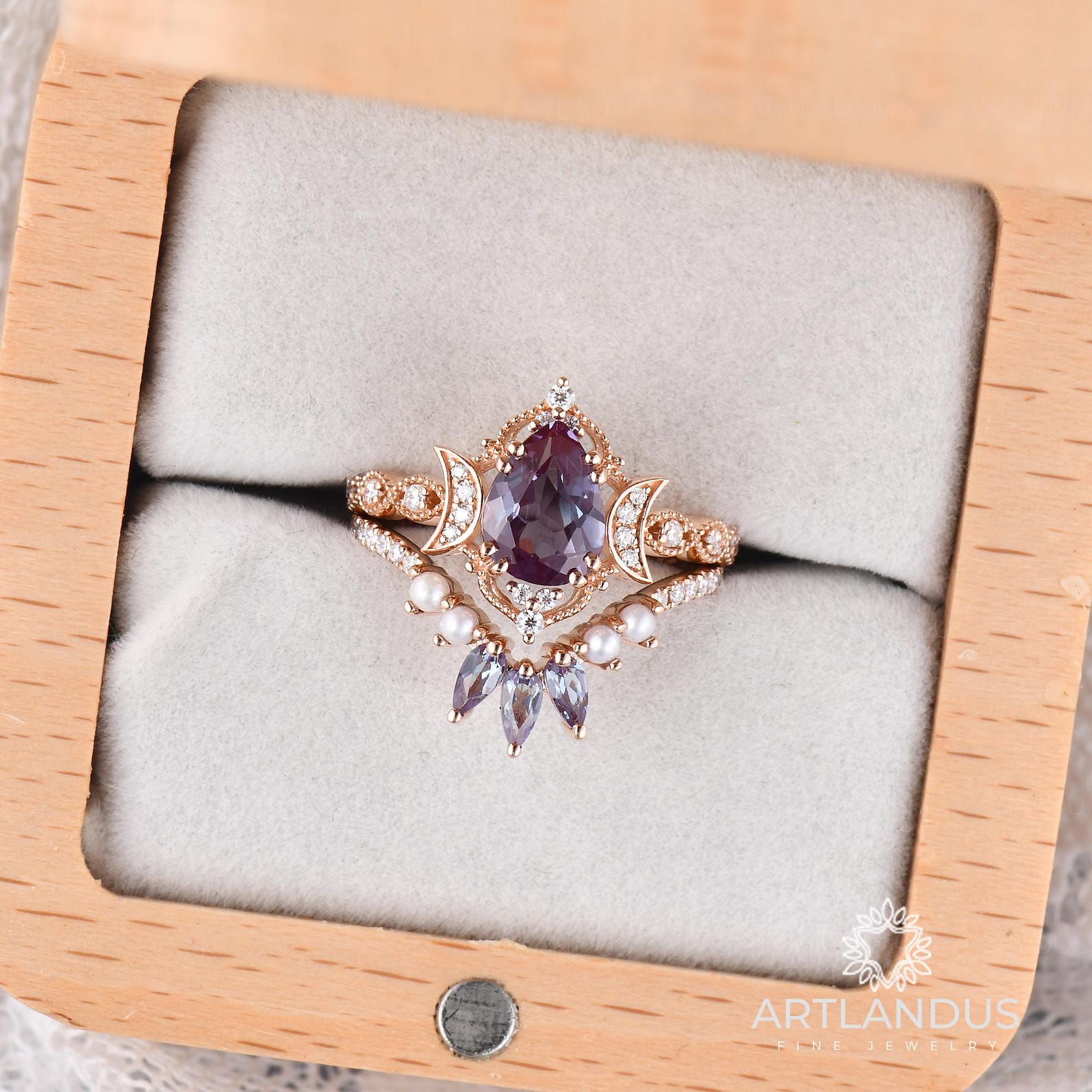Pearl Alexandrite Engagement Ring Set 2pcs Rose Gold Pear Shaped ...
